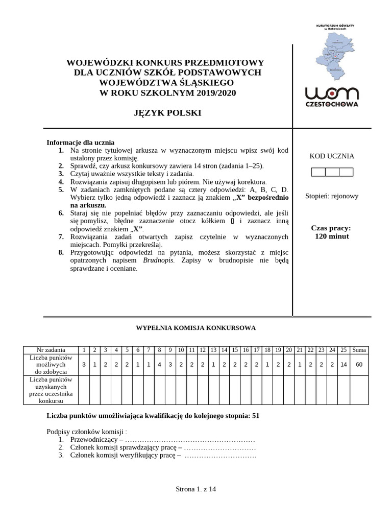 Jęz. Polski Arkusz Rejon | PDF