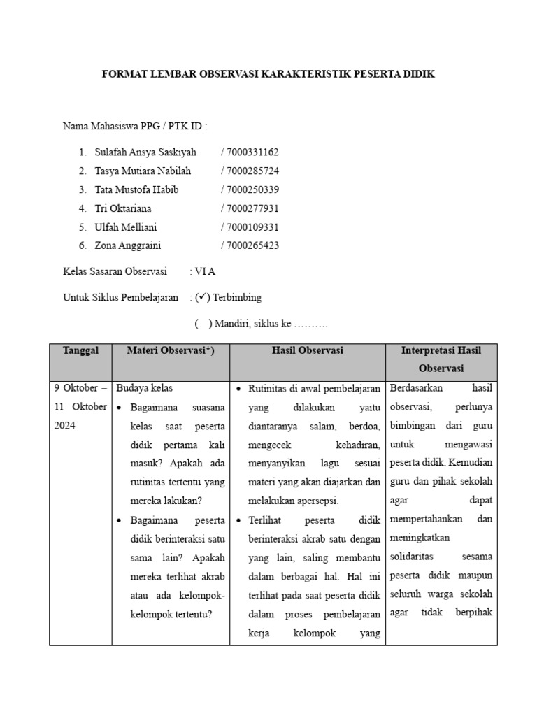 LK 2b - Lembar Observasi Karakteristik Peserta Didik - PPL SDN 112 Palembang | PDF