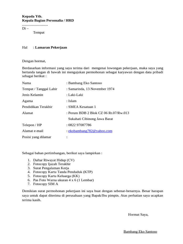 Kepada Yth. Kepala Bagian Personalia / HRD | PDF