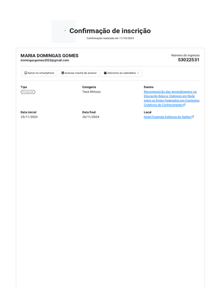 Confirmação de Inscrição: Maria Domingas Gomes | PDF