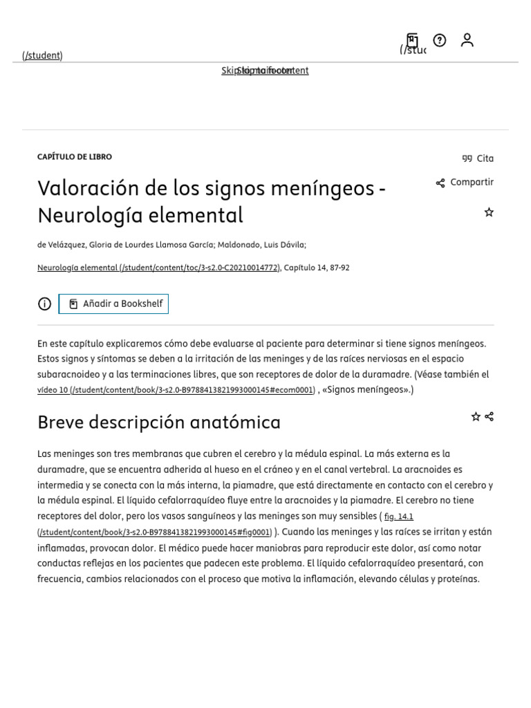 Valoración de Los Signos Meníngeos - Neurología Elemental - ClinicalKey Student | PDF
