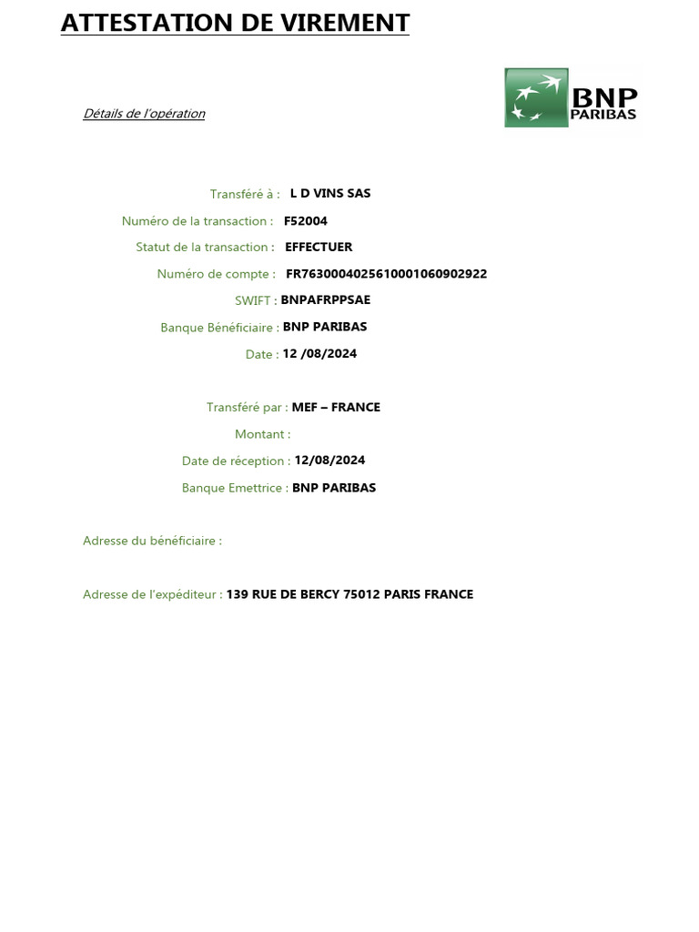 Attestation de Virement | PDF