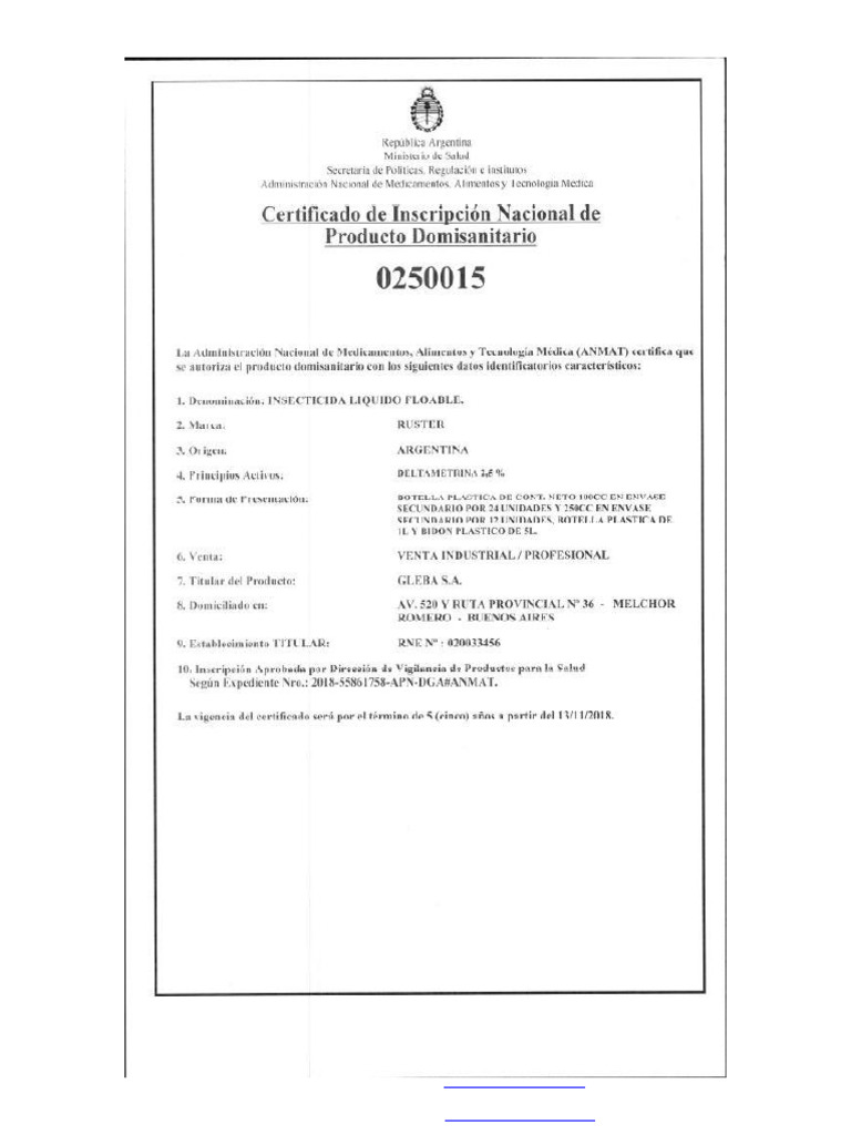 Ruster Certificado ANMAT | PDF