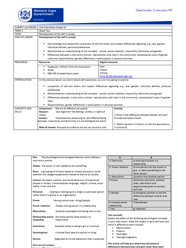 Life Orientation Grade 10 Term 1 Week 2 - 2021 | PDF | Woman | Gender