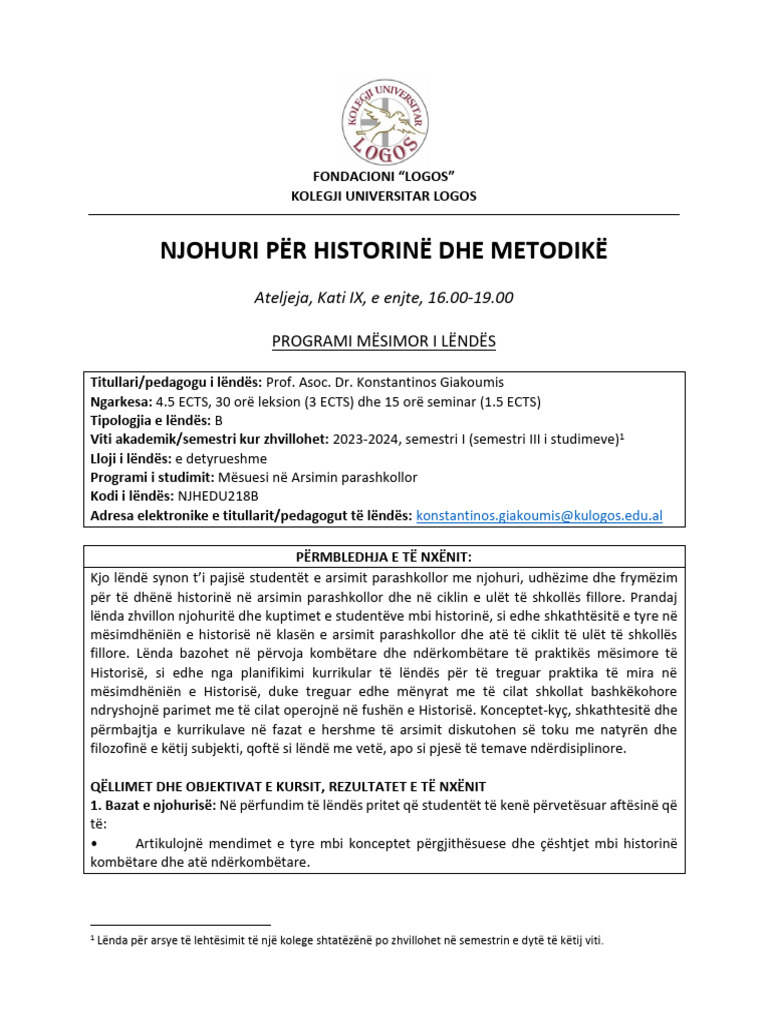 Njohuri Per Historine & Metodike (Giakoumis, Fall 2023) | PDF