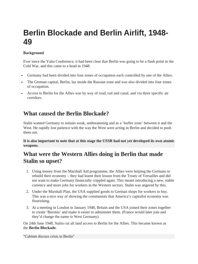 Berlin Blockade and Berlin Airlift | PDF