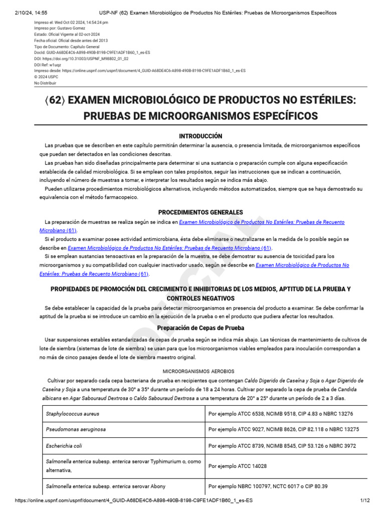 62 Examen Microbiológico de Productos No Estériles - Pruebas de Microorganismos Específicos | PDF