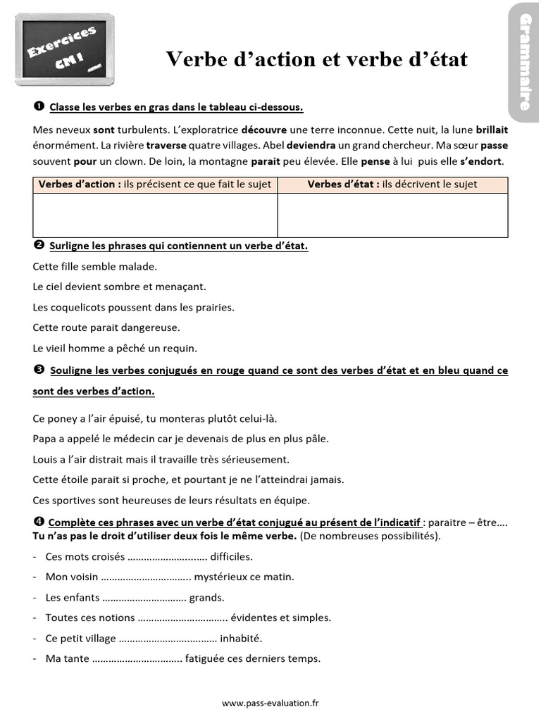 Exercices Cm1 Sur Le Verbe D'action Et Verbe D'état | PDF