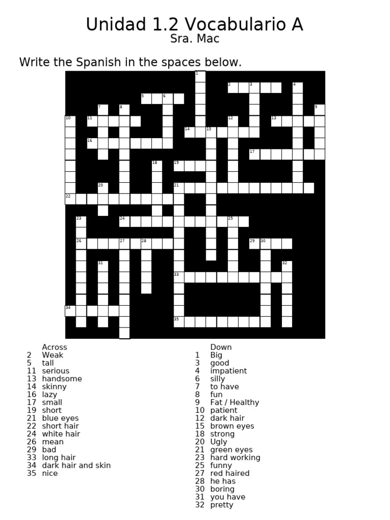 Unidad 1.2 Vocabulario A Crossword | PDF