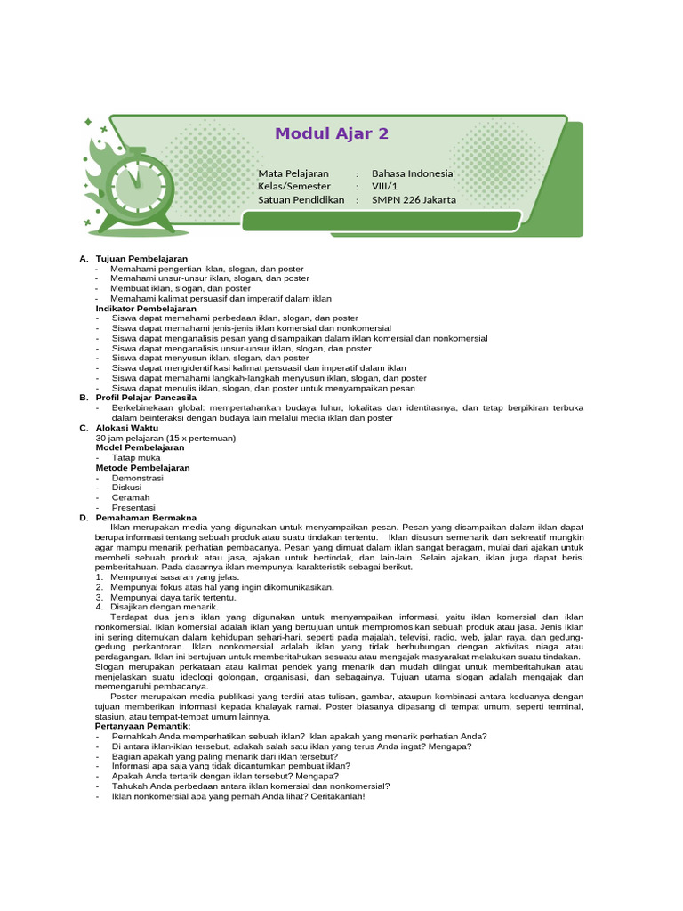 MODUL AJAR BAB IKLAN KELAS 8 (1) | PDF