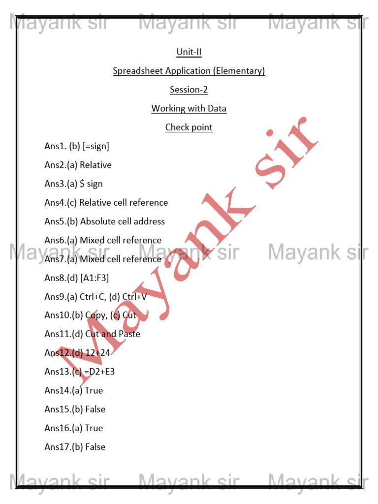 Unit-II Spreadsheet Application (Elementary) Session-2 Working With Data Final | PDF