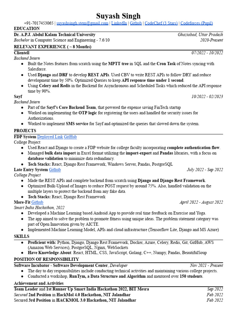 Suyash Singh: Linkedin Github Codechef (3 Stars) Codeforces (Pupil) | PDF