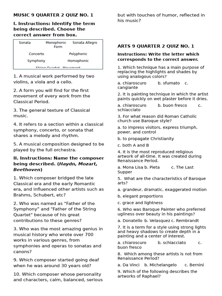 MAPEH 9 Quarter 2 Quiz No 1 | PDF