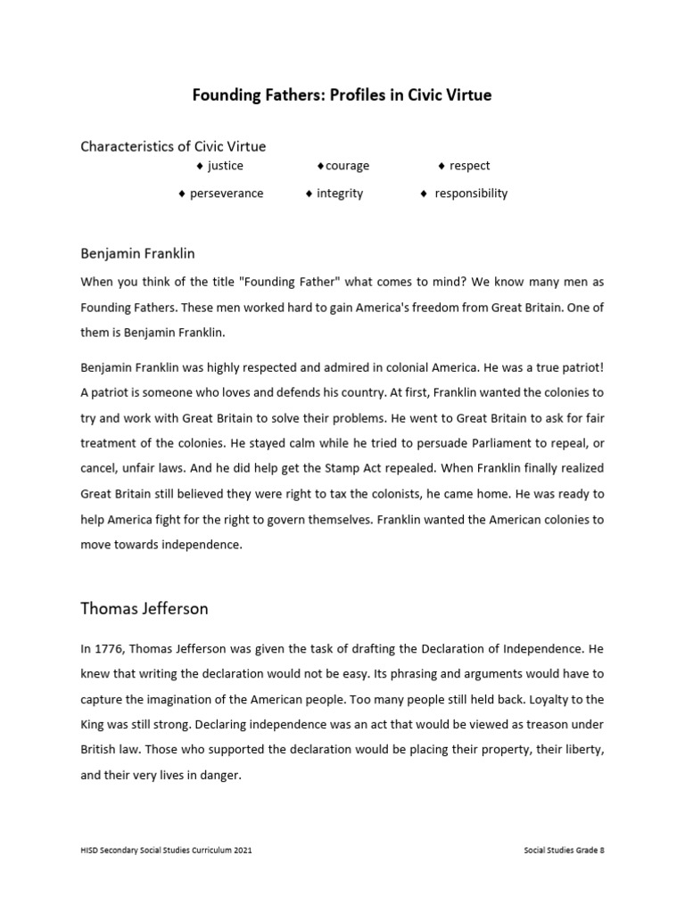 SS8 Founding Fathers Civic Virtue Reading Unit 3 | PDF