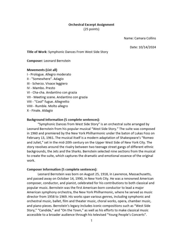 Excerpt Info Sheet (Symphonic Dances From West Side Story) | PDF