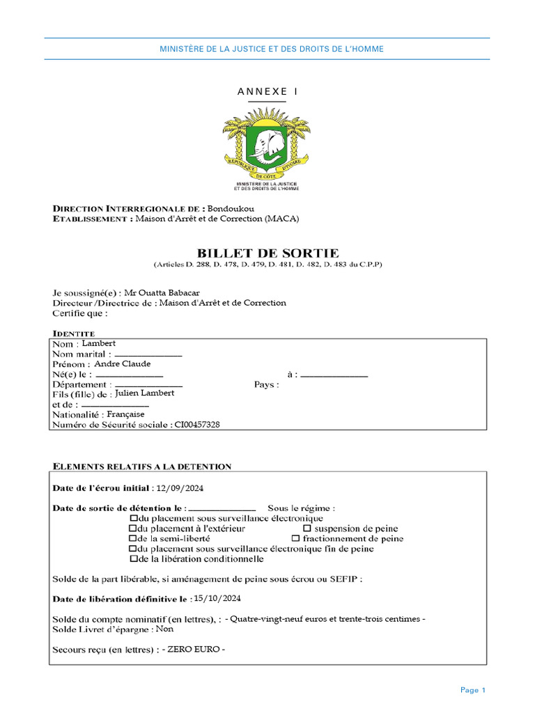 Billet de Sortie Prison | PDF