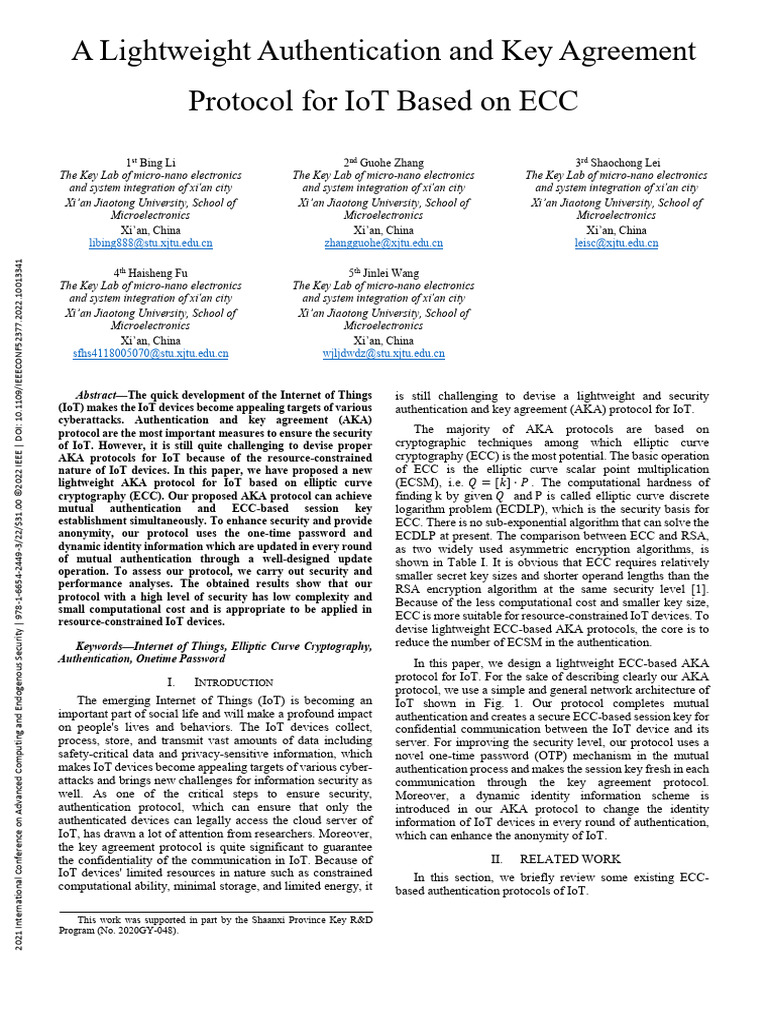 A Lightweight Authentication and Key Agreement Protocol For IoT Based ...