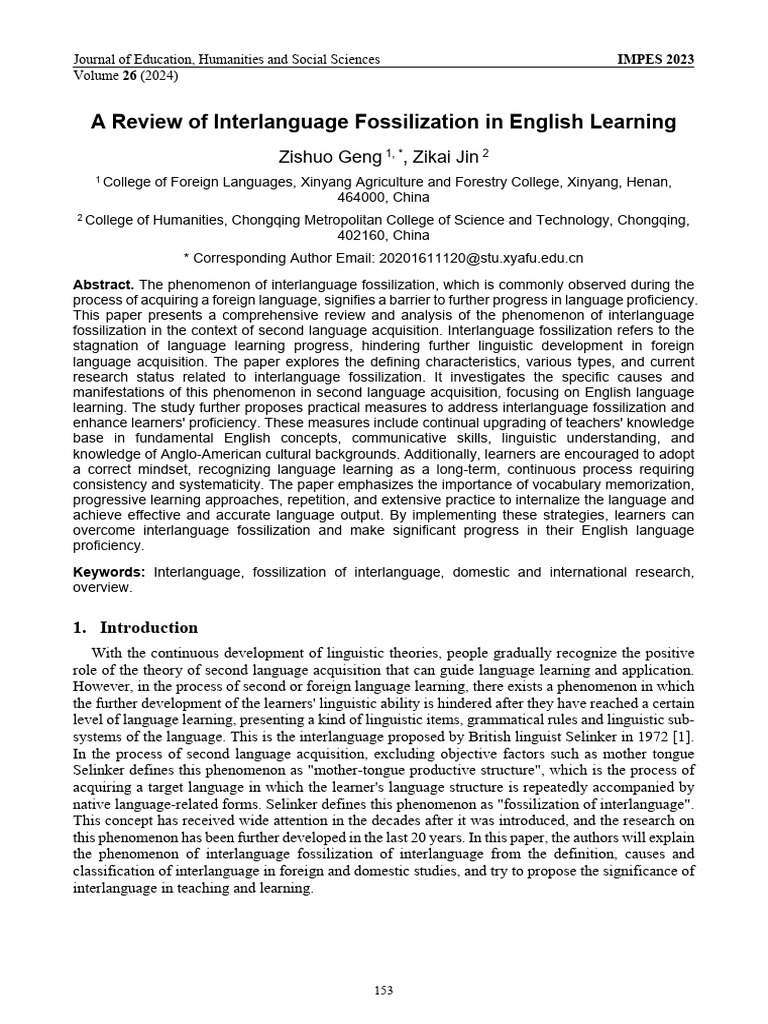 A Review of Interlanguage Fossilization in English | PDF