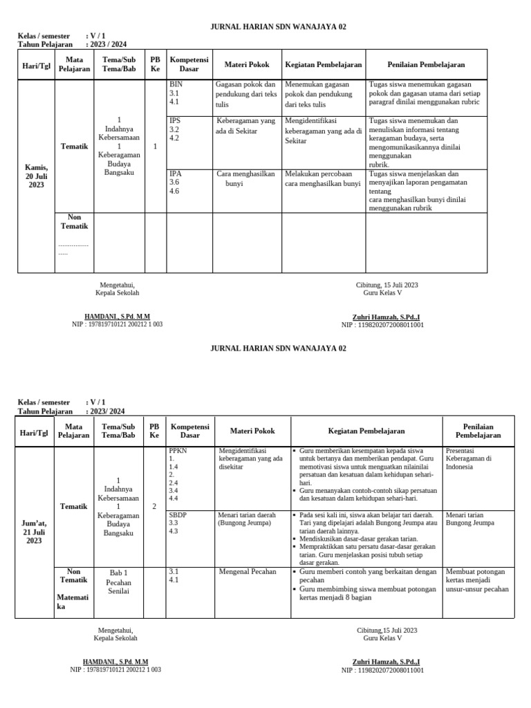 Kalender Pendidikan JURNAL HARIAN SEMESTER 1 | PDF