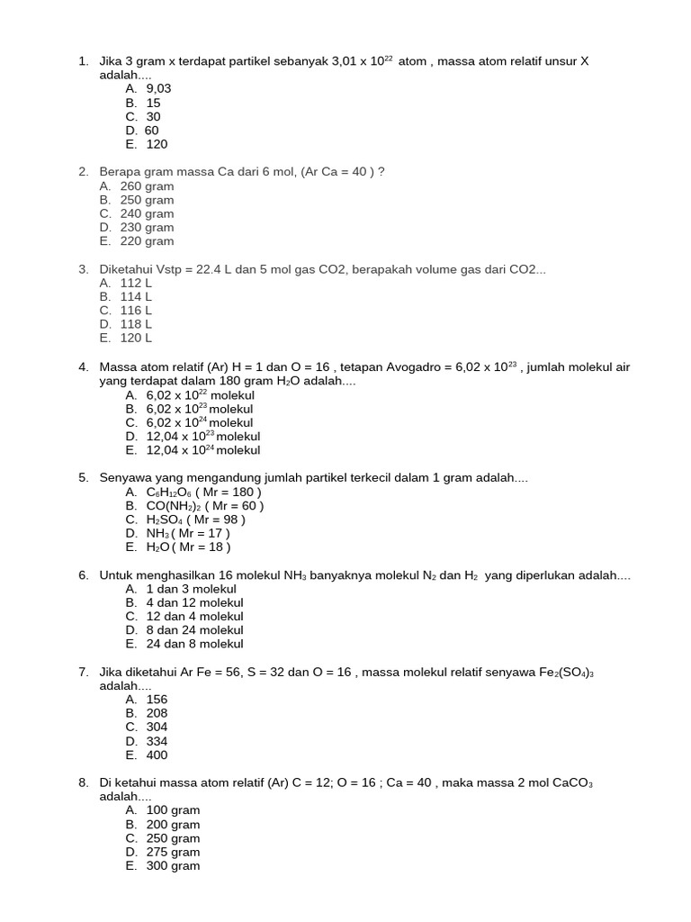 Soal Latihan Hukum Dasar Kimia Dan Konsep Mol Kelas X.E | PDF