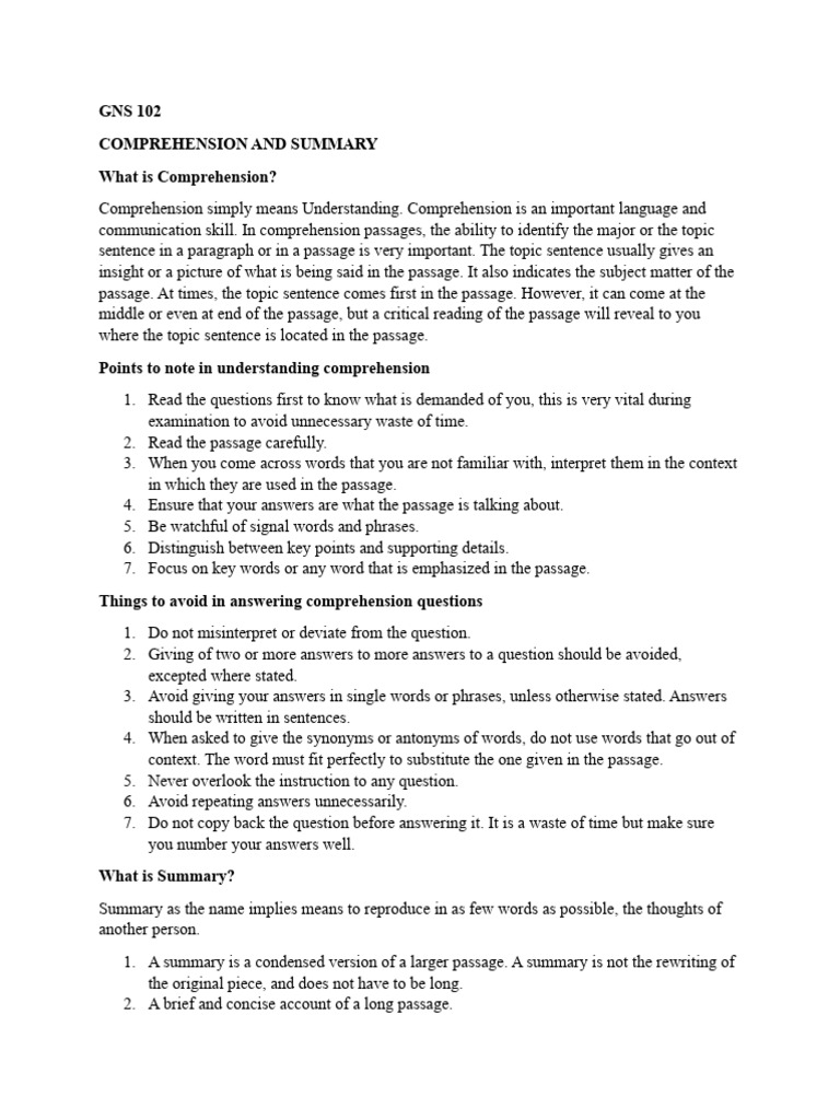 GNS 102 Comprehension and Summary | PDF