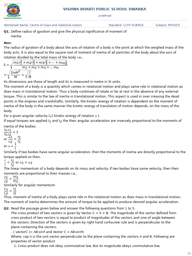 Centre of Mass and Rotational Motion - 11TH SCIENCE-PHYSICS-Answersheet ...