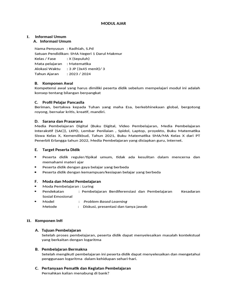 MODUL AJAR Logaritma | PDF