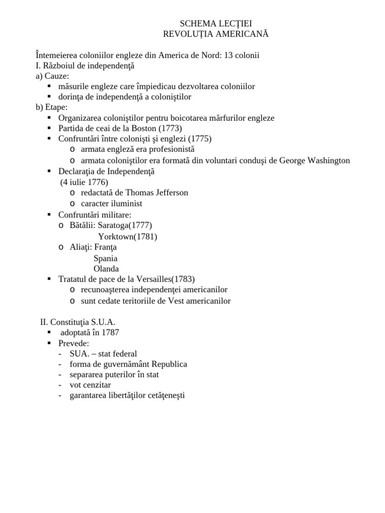 Schita Lectiei Revolutia Americana | PDF