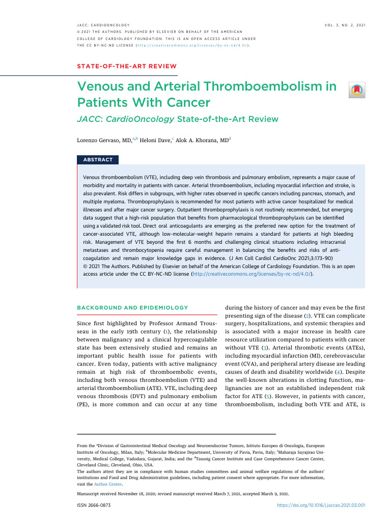 Venous and Arterial Thromboembolism in Patients With Cancer | PDF ...