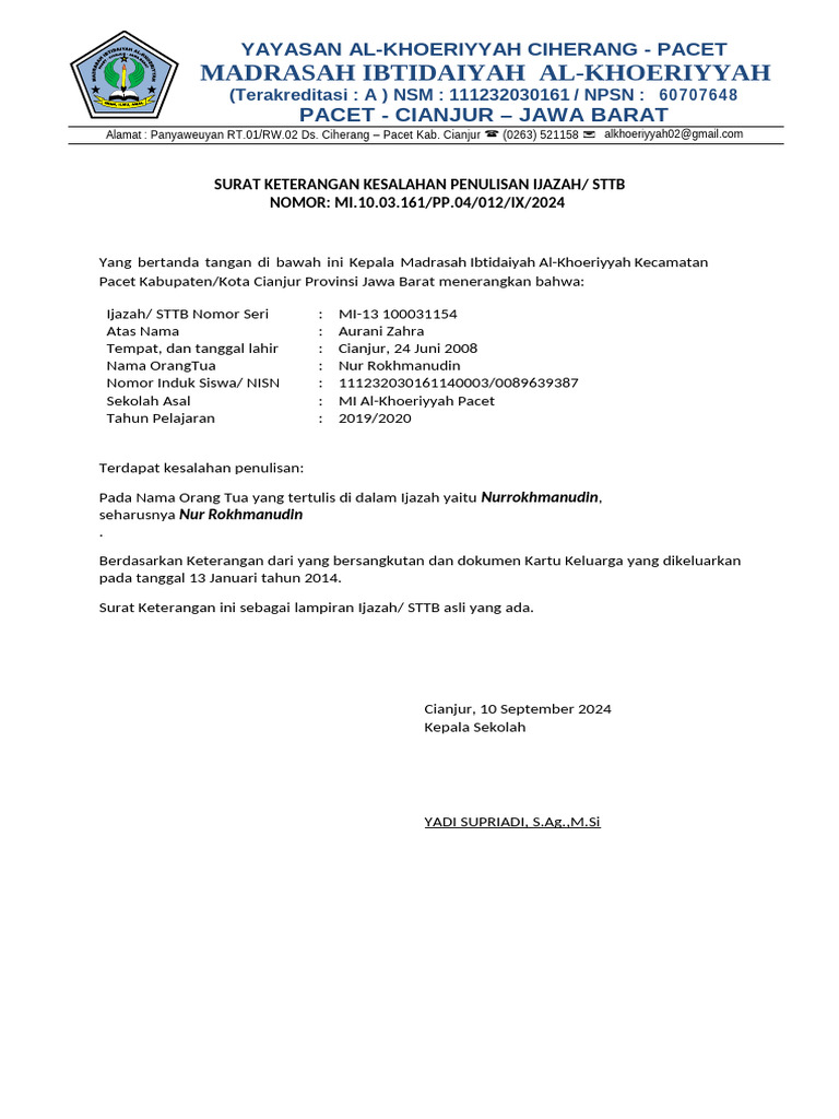 Format Surat Keterangan Kesalahan Penulisan Ijazah Atau STTB 1 | PDF