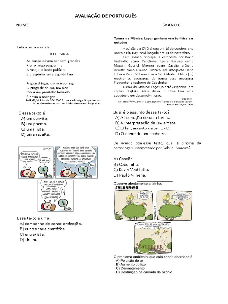 PROVA PORTUGUES 5c | PDF