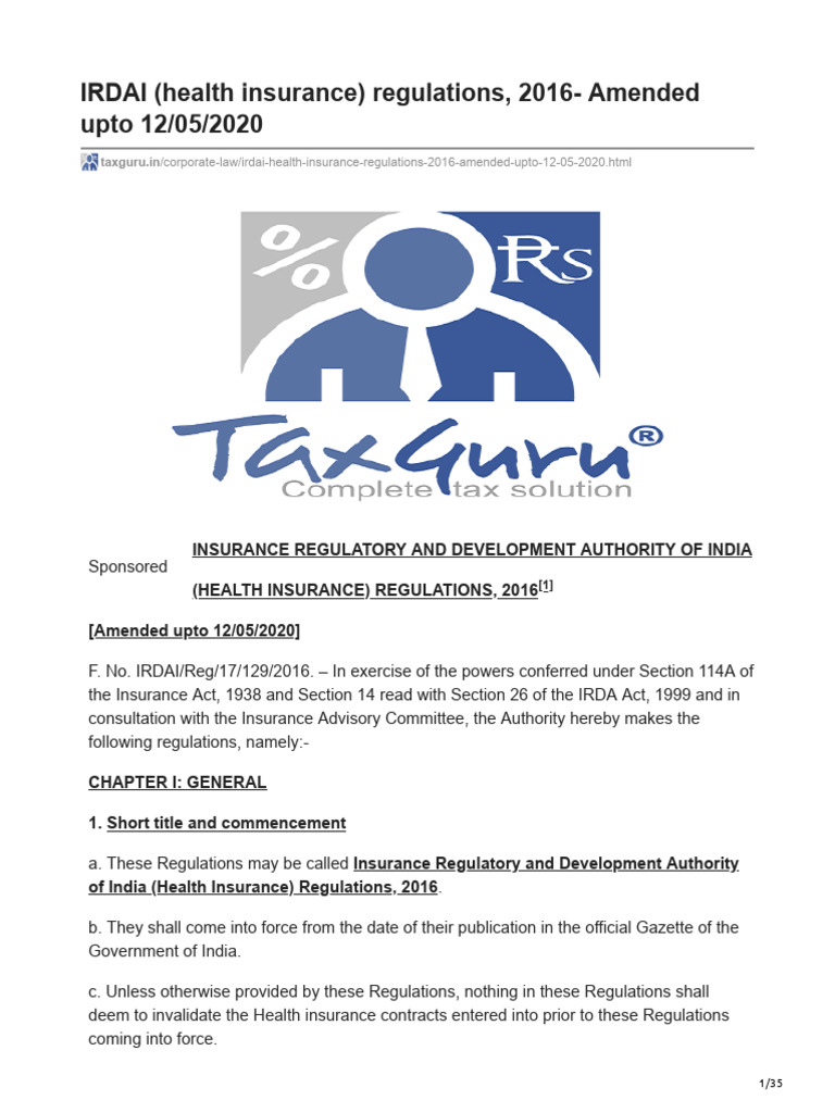 Taxguru - in-IRDAI Health Insurance Regulations 2016 - Amended Upto ...