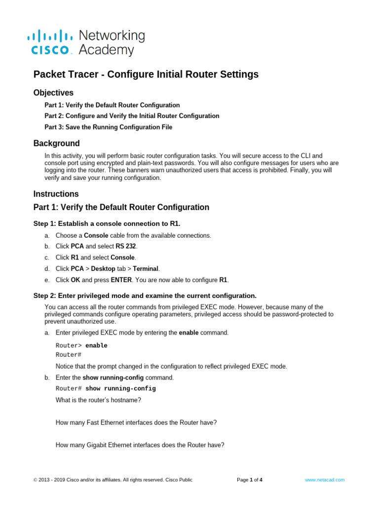 10.1.4 Packet Tracer - Configure Initial Router Settings | PDF | Command Line Interface | Computers