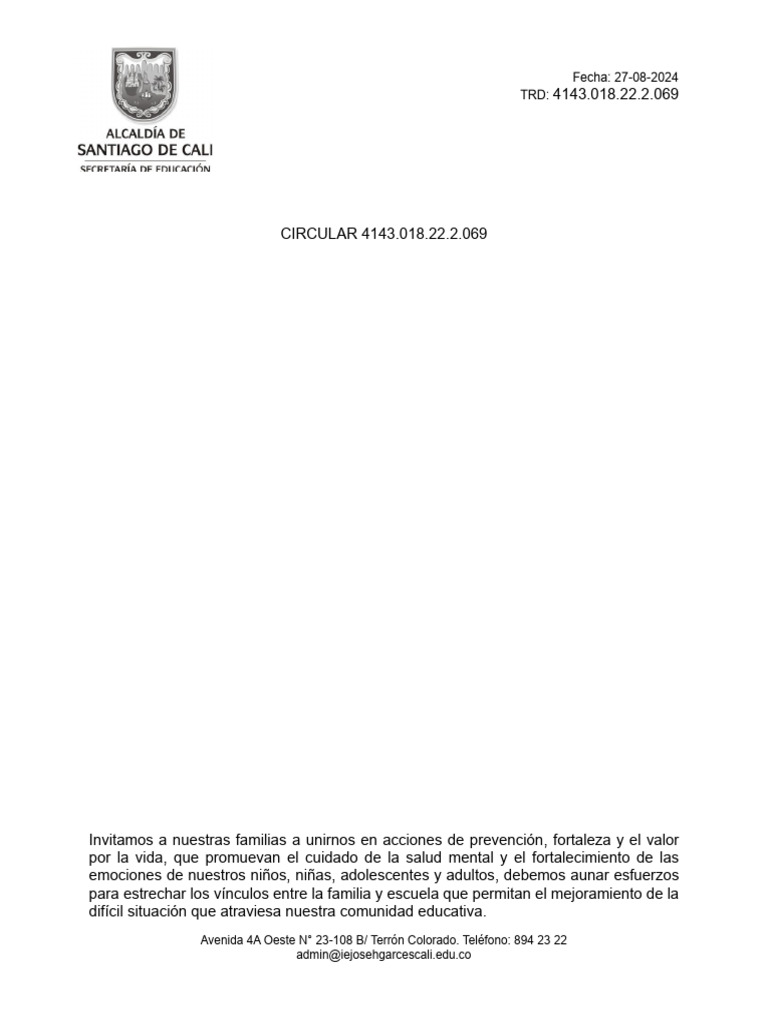 Circular 069 Infor. Comuni. Fallec. Karen Sofía P. | PDF