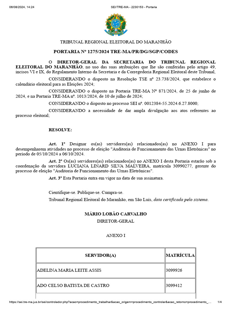 Portaria 1275-Auditoria de Urnas | PDF