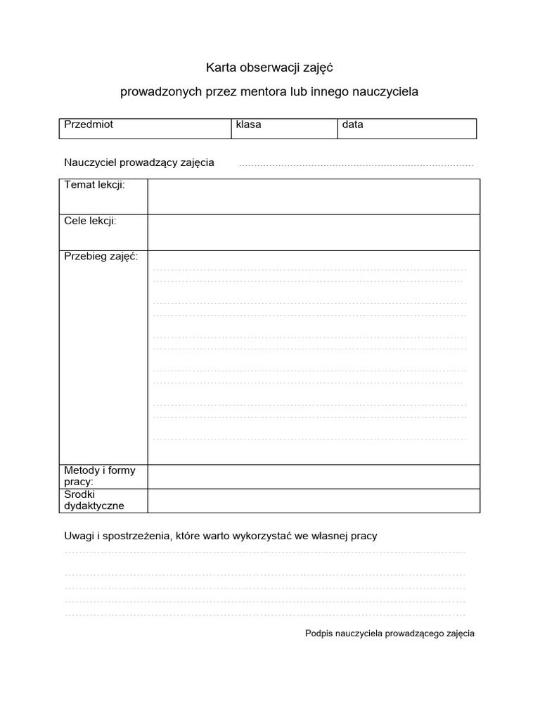 Karta Obserwacji Dla Nauczyciela | PDF