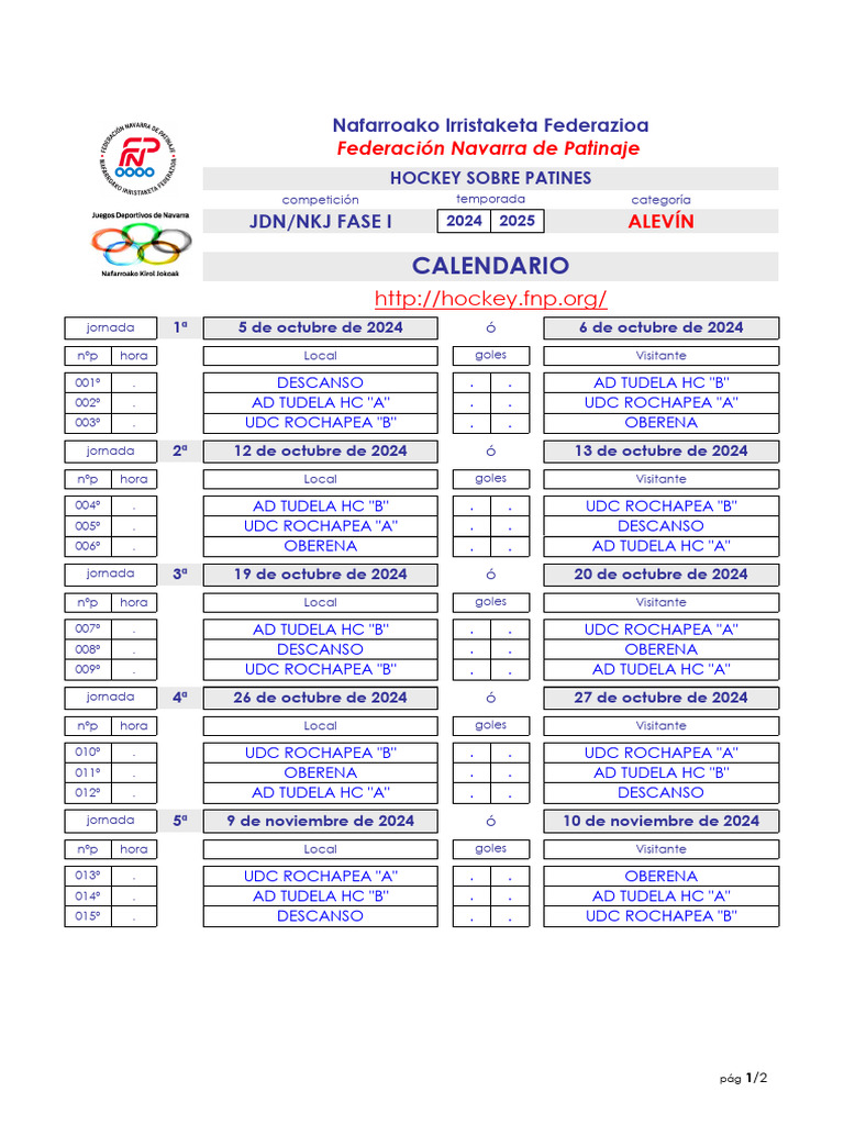 FNP-HP-2024-2025-JDN-003. Calendario NKJ-JDN-F1 Alevín | PDF