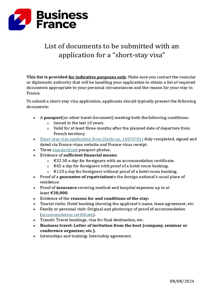 List of Documents To Be Submitted With An Application For A Short Stay ...