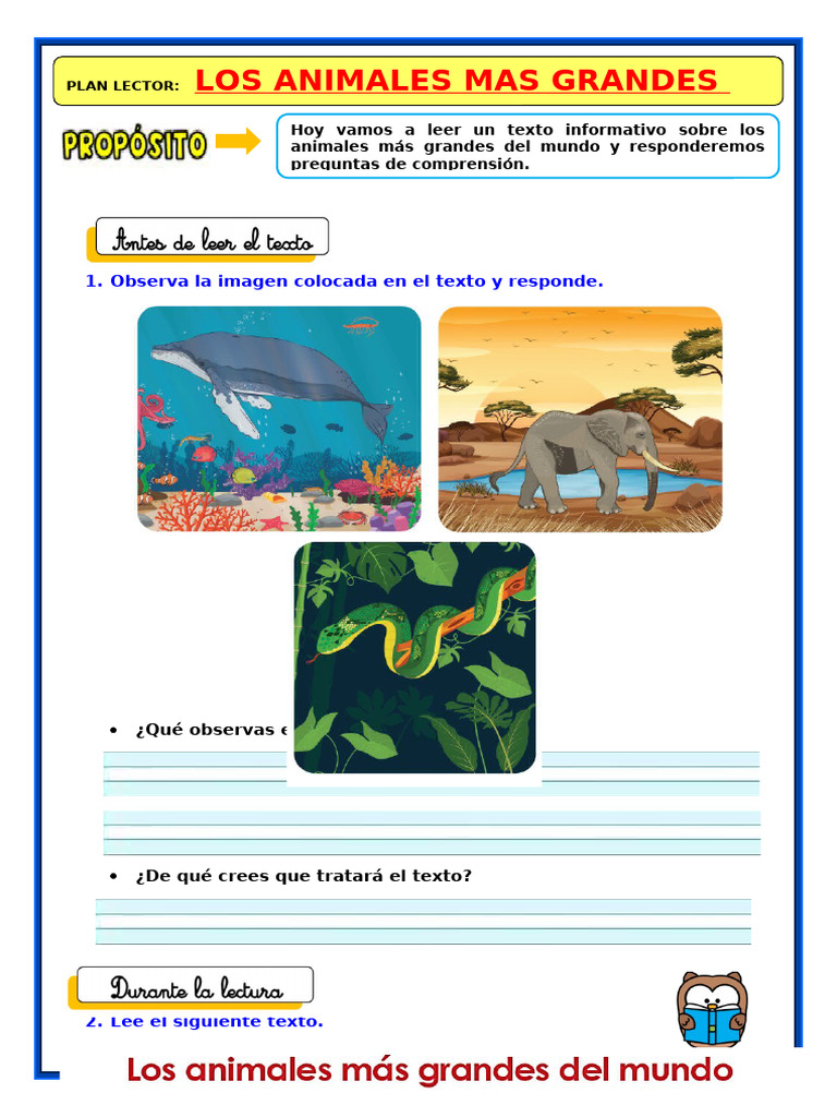 u6 s5 Ficha d4 Plan Lector Los Animales Mas Grandes Del Mundo | PDF