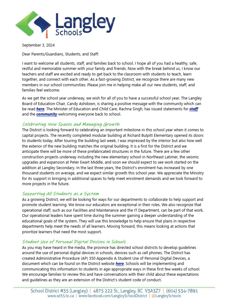 Letter To Parents and Staff - Welcome Back 2024sep3 | PDF