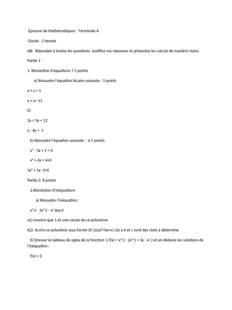 Épreuve de Math Terminale | PDF