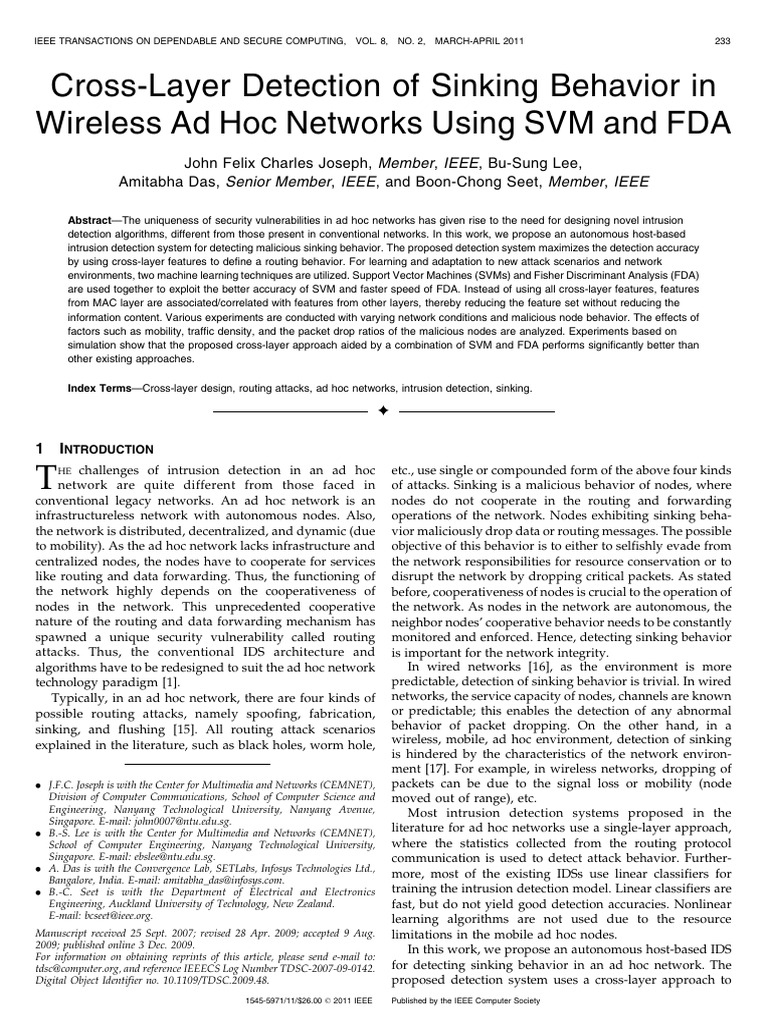 Cross-Layer Detection of Sinking Behavior in Wireless Ad Hoc Networks Using SVM and FDA | PDF