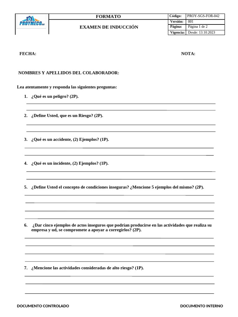 PROY SGS For 042 Examen de Inducción. | PDF
