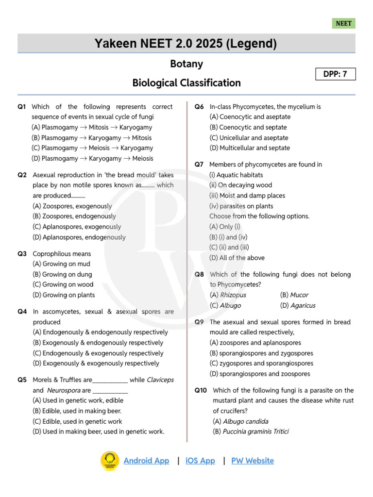 Biological Classification - DPP 07 Yakeen NEET 2.0 2025 (Legend) | PDF