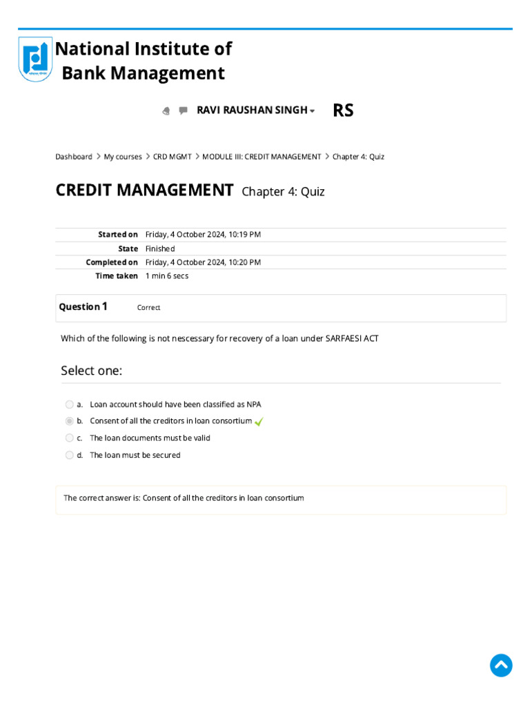 Chapter 4 Quiz: Credit Management Insights | PDF | Debt | Loans
