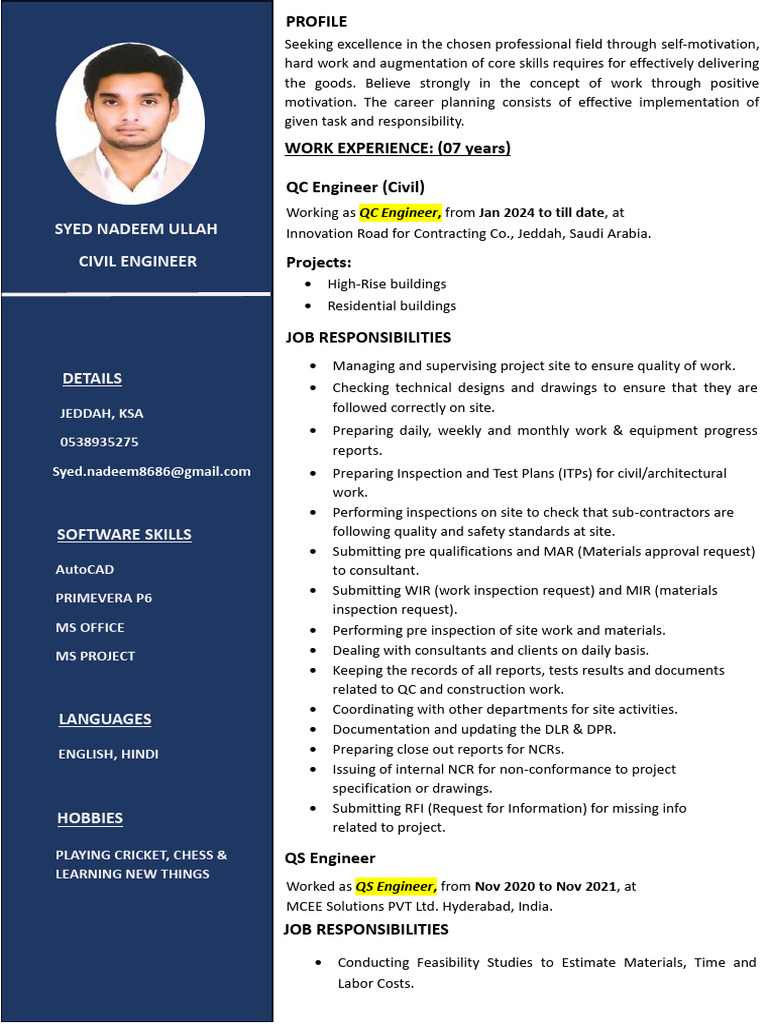 CV of QC Eng - Civil Syed Nadeemullah | PDF | Specification (Technical ...
