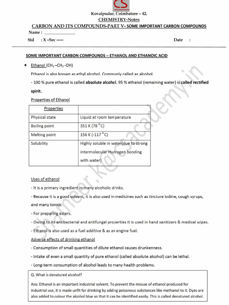 PART-V-CARBON COMPOUNDS Ethanol& Ethanoic Acid | PDF