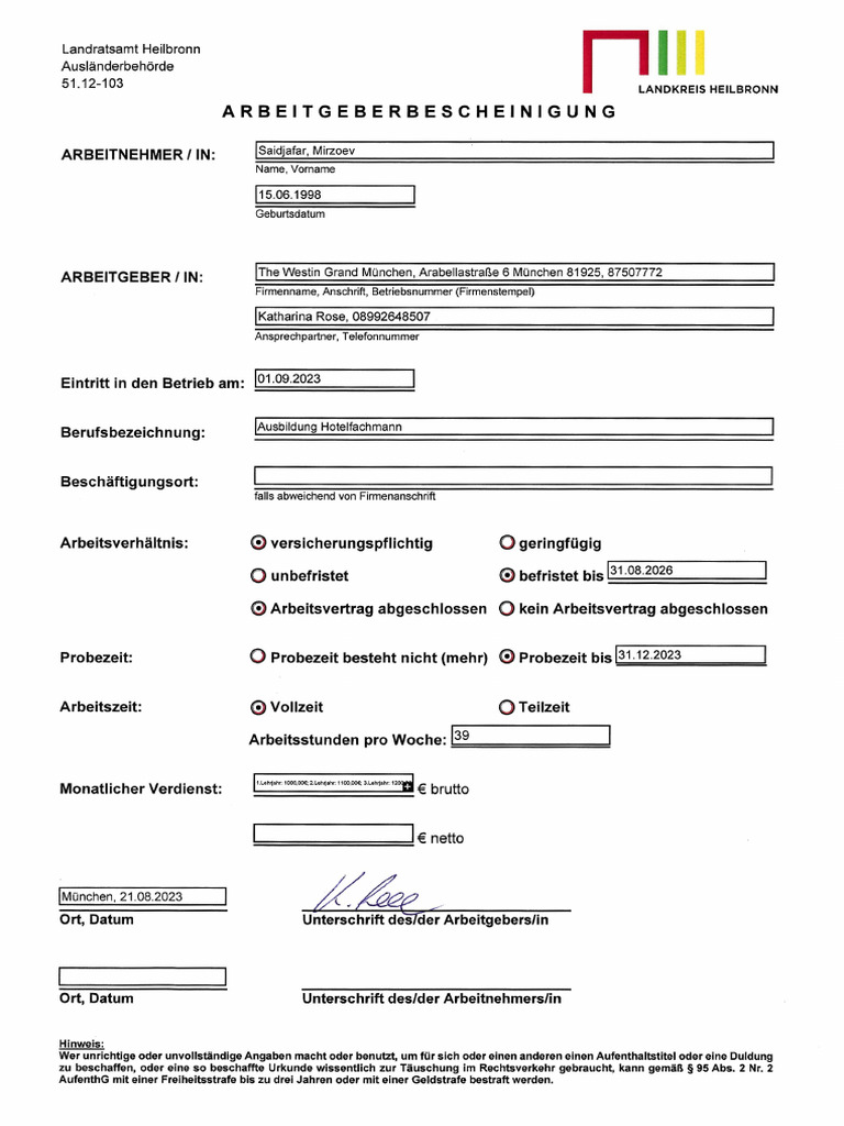Arbeitgeberbescheinigung - Mirzoev, Saidjafar | PDF