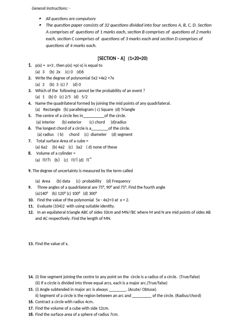 9TH Final Question Paper | PDF | Circle | Area