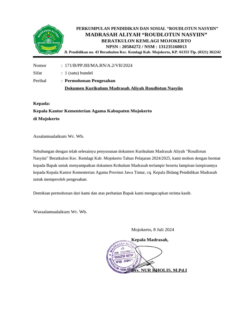 Surat Permohonan Pengesahan Ma Ronas | PDF